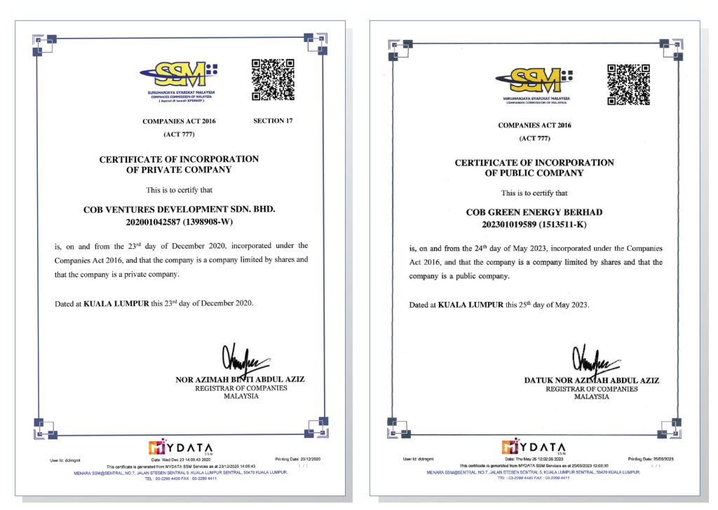 CERTIFICATE & LICENSE – COB GROUPS